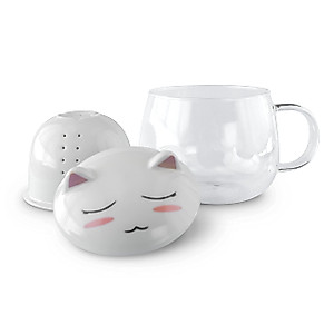 Cute Cat Creations, Crazy Cat LadyLovers Glass 300ml10oz Tea Cup with Tail Handle & Kitty Kat Ears Ceramic Lid, Kawaii Teacup with Ceramic Tea Leaf InfuserSteeperStrainer