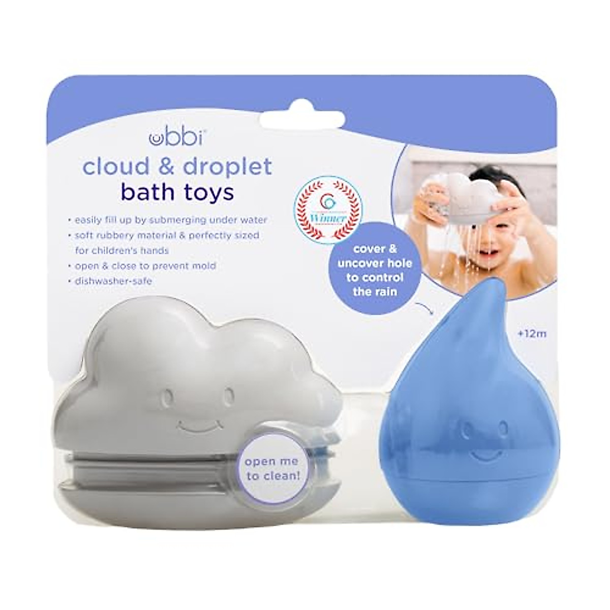 Ubbi Muted Color Cloud and Droplet Silicone Bath Squeeze Toys for Toddlers and Baby, Fun Bath Time Toys, Interactive Bath Toys, Baby Bath Accessory, Set of 2