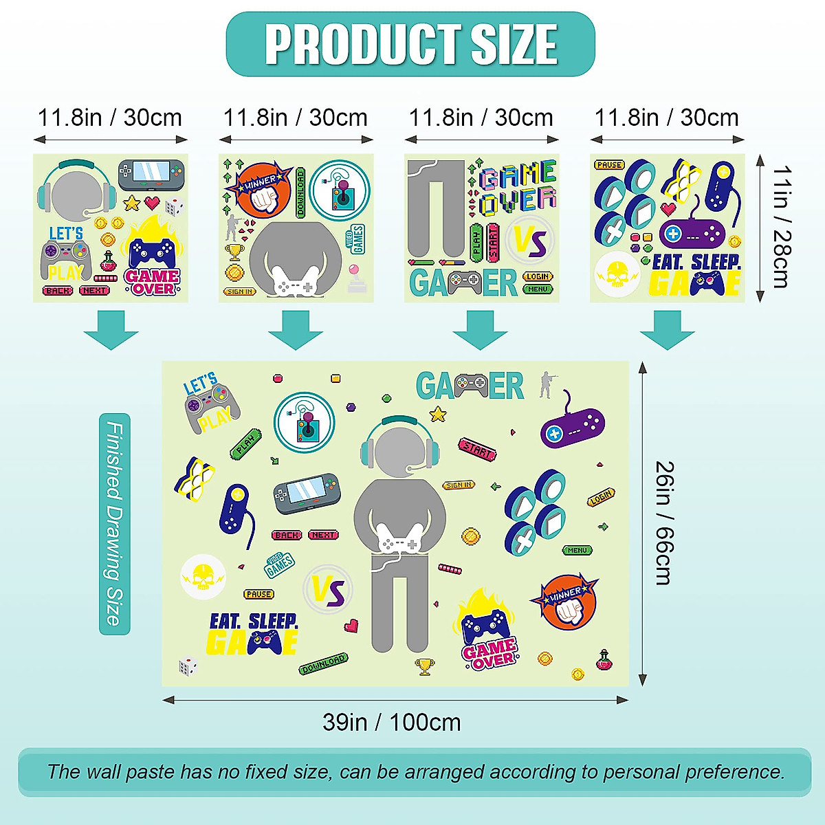 4 Sheets Gamer Wall Sticker Glow in The Dark Gamer Wall Decals Boy Children Video Game Room Decor Gaming Controller Wall Stickers Removable Wall Art for Kids Men Playroom Living Room