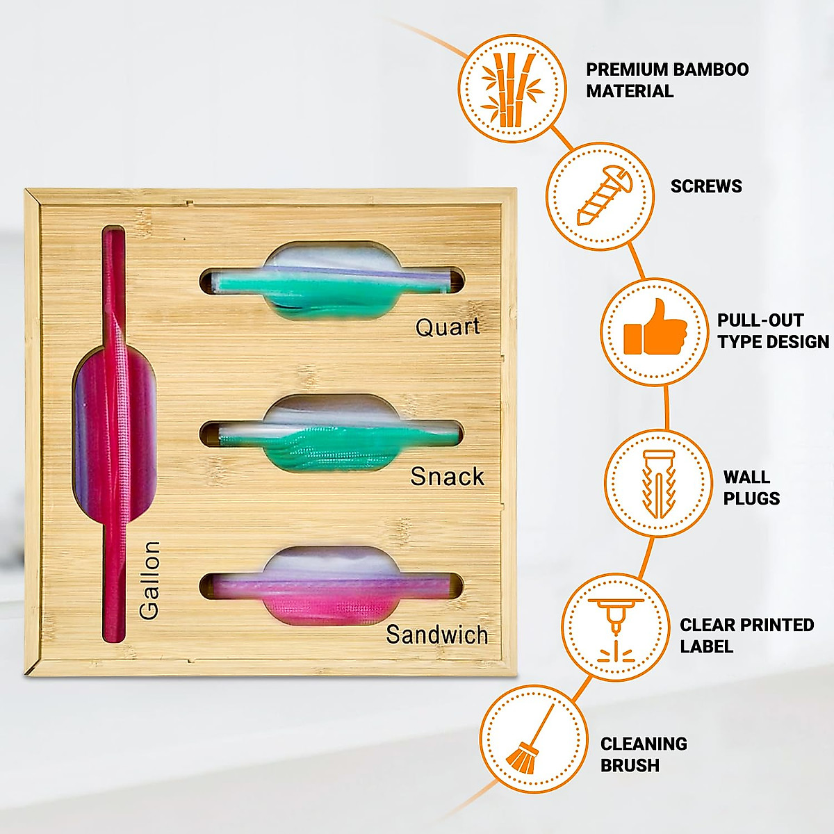 SYLAS LIFESTYLE Bamboo ziplock Bag Organizer – Kitchen drawer organizers and storage for Ziplock bags, Sandwich, Gallon, Quart, and Snack Bags included with a Cleaning Brush