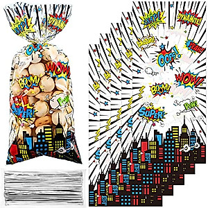 100 Pcs Hero Cellophane Treat Bags, Hero Party Gift Candy Bags, Hero Themed Goodie Favor Bags with 100 Silver Twist Ties for Gift Wrapping Children Birthday Party Baby Shower Decor (White Background)