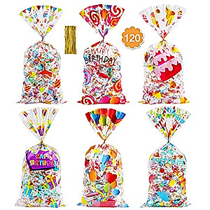 Konsait 120pcs Birthday Cellophane Bags, Bday Clear Candy Cookie Treat Bags with Twist Ties for Bakery Biscuit Chocolate Snacks, Holiday Goody Bags, Birthday Baby Shower Gifts Party Favors Supplies