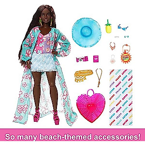 Barbie Extra Fly Doll with Beach-Themed Travel Clothes & Accessories, Tropical Coverup with Oversized Hat & Bag