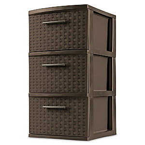 TQaSer 3-Drawer Wide Weave Design Storage Tower, Espresso Frame & Drawers With Driftwood Handles, Brown, Case of 1