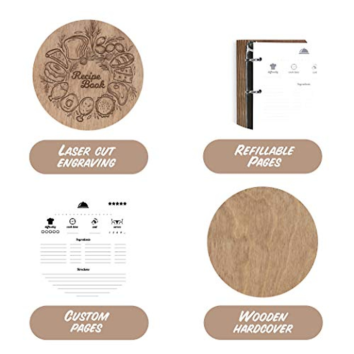 WOXTEED A5 Wooden Blank Recipe Book to Write in (7.5 x 6 inch) - Cook Book with 80 Sheets for Handwritten Recipes - Hardcover Family Kitchen Journal and Recipe Keeper (Brown)