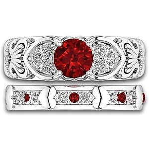 3Ct Round Cut Red Garnet & Diamond Flower Inspired Wedding Bridal Ring Set 14k White Gold Finish (5)