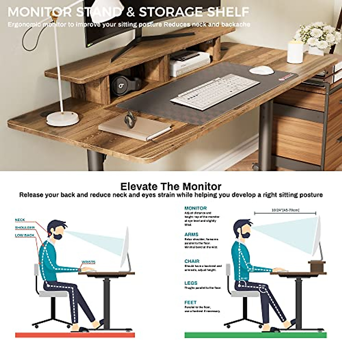 EUREKA ERGONOMIC 60 Inch Computer Desk Large Manual Height Adjustable Gaming Desk, Home Office Desk with Monitor Stand Shelf Led Lights Strips, Computer Desk with Dual 2 Monitor Mouse Pad, Brown