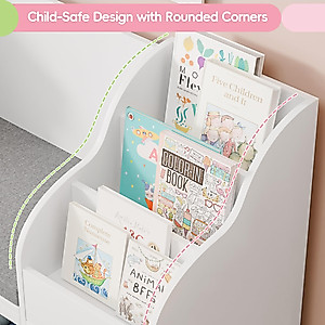 MU Kids Bookshelf with Reading Nook, Toddler Bookcase Bench with Seat Cushion and 7 Storage Cubbies, Kids Reading Nook for Boys & Girls, Toy Storage Bench Box for Bedroom, Playroom, Nursery, White