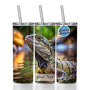 Personalized Custom Name Text Water Dragon Lizard Reptile Skinny Tumbler 20oz with Straw Insulated Water Bottle Gift - 1 Line Horizontal