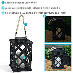 Sunnydaze Modern Crosshatch Outdoor Solar LED Decorative Candle Lantern - Rustic Farmhouse Decor for Patio, Porch, Deck and Garden - Tabletop and Hanging Outside Light - 9-Inch - Black