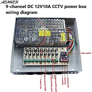 AOMUCH 9 Output Channel CCTV Glass Fuse Distributed Power Supply Box for Security Camera DC 12V 10A w/Key Lock
