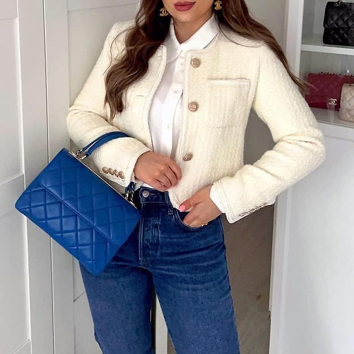 URBAN REVIVO Womens Tweed Blazers Jacket Cropped Long Sleeve Casual Suits Button Down Outwear with Pocket for Work White, X-Small