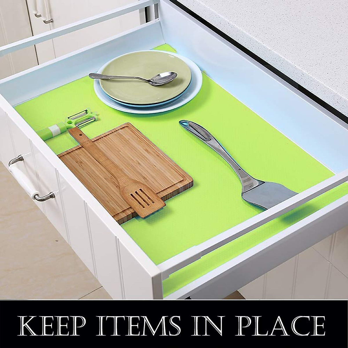 Emoly Rolls Premium Refrigerator Mats, Eva Shelf Liner for Kitchen Cabinet Non-Slip Mat Refrigerator Liners Cupboard Drawer Waterproof Pad Shoe Cabinet Dustproof Mat, 11.8 x 59 inches - Green