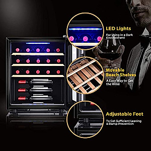 Nightcore Wine Cooler, 24 Inch Wine Fridge for 21 Bottles, Freestanding Wine Refrigerator with Digital Temperature Display, Wooden Shelves, Glass Door, Built-in LED Light