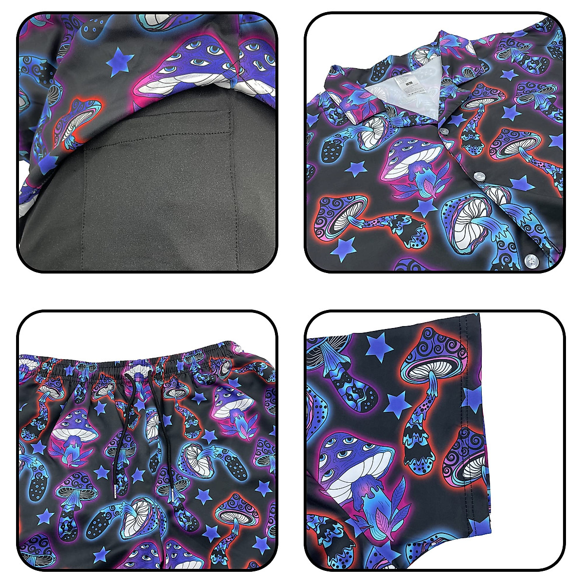 Wdpsuxin Mens 2 Piece Tracksuit Hawaiian Shirt，Mushroom Button Down Shirt and Compression Liner 2 in 1 Shorts Sets with Bucket Hats 3X-Large