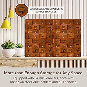 64-Drawer Wooden Storage Box (39.2”x3.9”x27.56”) Traditional Apothecary Cabinet in Walnut Wood - 64-Slot Wooden Desk Drawer Unit w/Label Holders & Handles - Multi Level Countertop Drawer Organizer