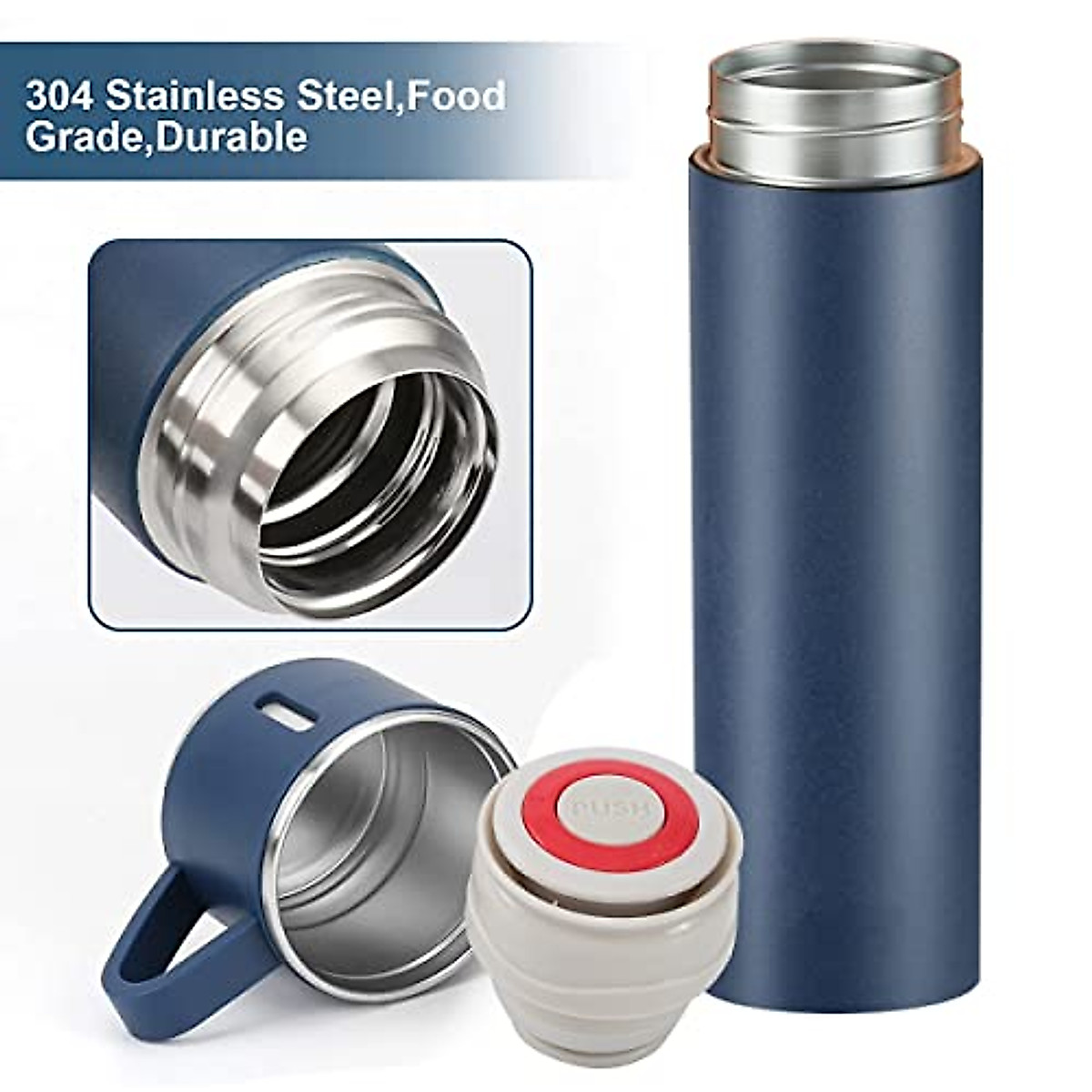 Coffee Thermos Stainless Steel Vacuum-Insulated Water Bottle, 500ml/16.9oz Insulated Bottle with Cup for Hot & Cold Drink Travel Mug (Blue, Three Cup)