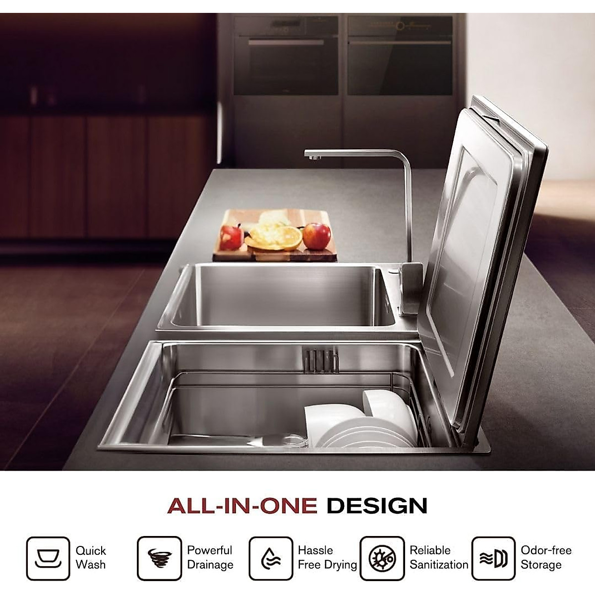 FOTILE SD2F-P5L 3-in-1 In-Sink Dishwasher & Kitchen Sink Combo with 360° Cleaning, Produce Wash, Child Lock, Energy Efficient for Space-Saving Hygienic Kitchen Solutions (Dishwasher on the Left)