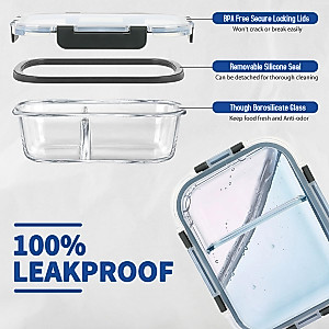 42pcs Glass Food Storage Containers with Lids Set, 21 Containers & 21 Lids Include One 2 Compartments Glass Meal Prep Containers with Snap Locking Lids Set, Leak Proof Lunch Containers BPA-Free,Grey