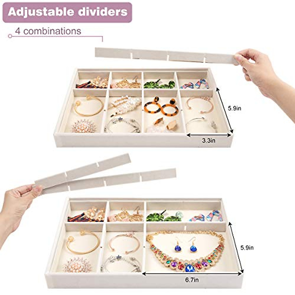 Mebbay Large Stackable Velvet Jewelry Trays Organizer, Jewelry Storage Display Trays for Drawer, Earring Necklace Bracelet Ring Organizer, Set of 4 (Warm White), 13.8" x 9.5" x 1.18"