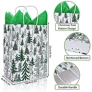 Whaline 12 Pack Christmas Paper Gift Bags with Handle Winter Medium Size Watercolor Xmas Tree Candy Goodie Bags with Green Tissue Paper for Xmas Holiday Party Supplies