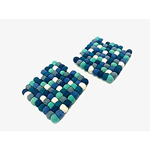 Handmade Trivet, Felt Ball Trivet, Potholders, Trivets, 100% Wool, Felt, Hot Pot Holders (Set of 2) Hot Pads, Flexible, Durable, Heat Resistant Mat, Mats, Square Trivet (Bluesh, Square)