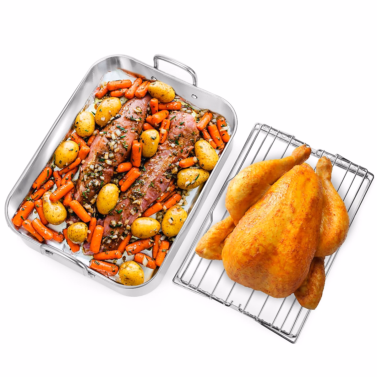 TOPZEA Stainless Steel Roasting Pan with Rack, 16 Inch Classic Rectangular Turkey Roaster Pan with 2 In 1 Grill Rack & Handle, Large Broiling Baking Pan Oven Cookware for Chicken, Steak, Meat, Lasagna