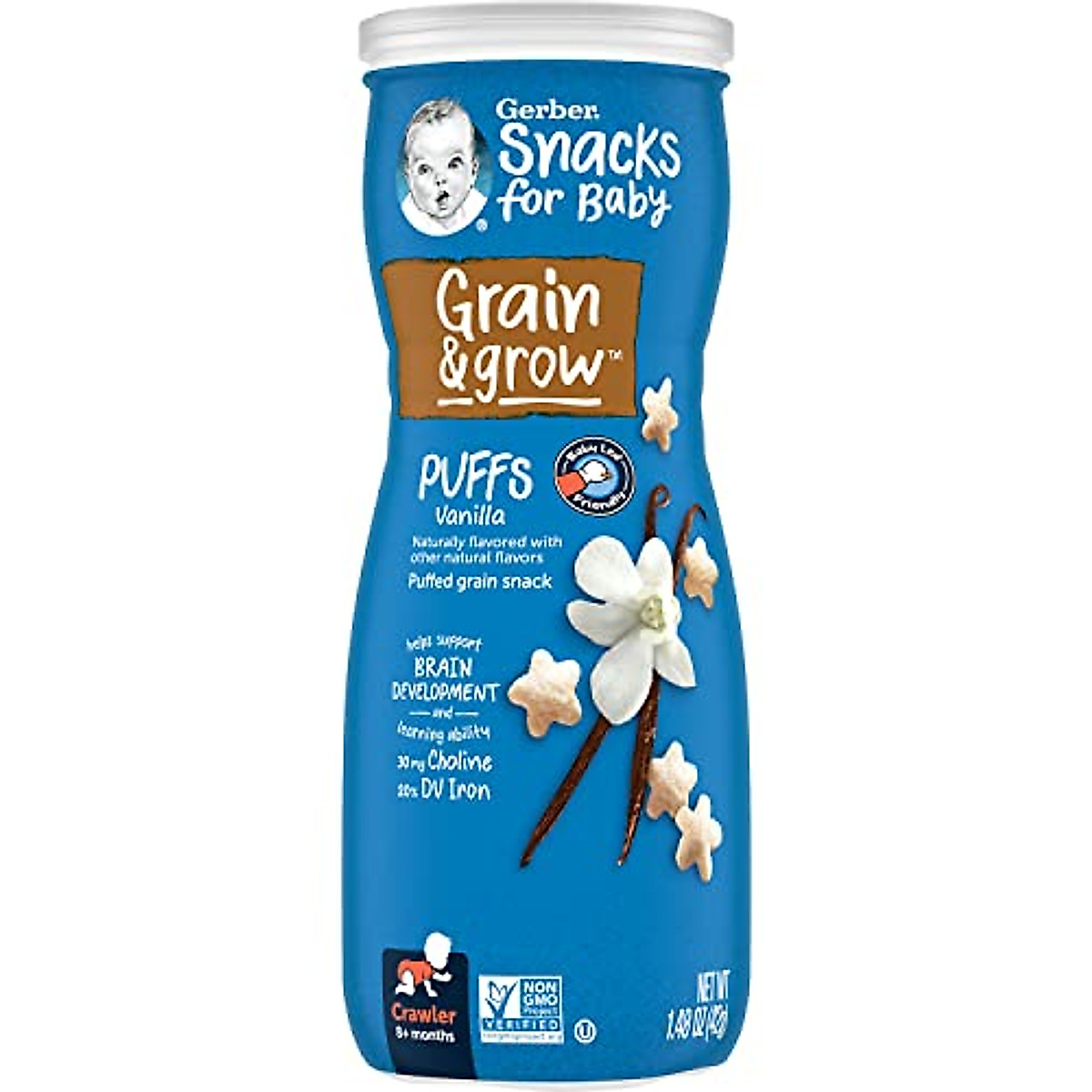 Gerber Snacks for Baby Grain & Grow Puffs, Vanilla, Puffed Grain Snack for Crawlers, Non-GMO Baby Snack, Baby-Led Friendly, 1.48-Ounce Canister (Pack of 3)