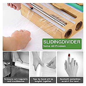 MIRBIRTOS bamboo ziplock bag organizer for drawer Foil And Plastic Wrap Organizer 6 In 1 Plastic Wrap Dispenser with Cutter Compatible with 12" Kitchen Rolls