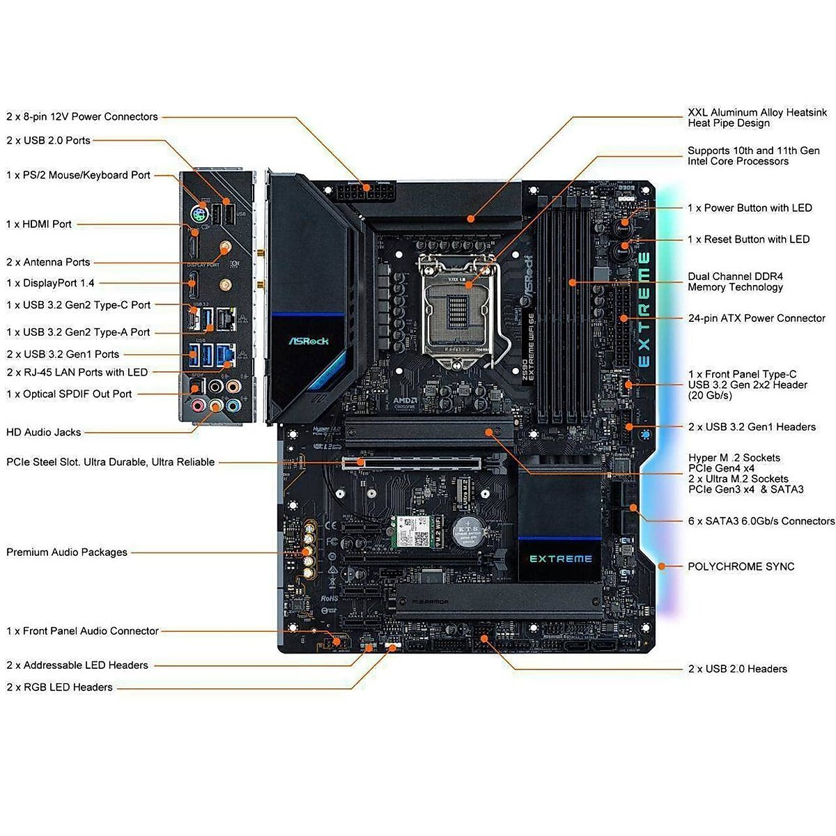 ASROCK Z590 Extreme WiFi 6E Socket LGA1200/ Intel Z590/ DDR4/ SATA3&USB3.2/ M.2/ WiFi&Bluetooth/ATX Motherboard