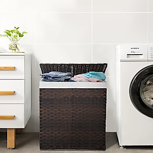 HKLGorg Laundry Hamper 90L Hamper for Laundry Clothes Hamper Laundry Basket with Lid Wicker Laundry Basket with 2 Removable Liner Bags 6 Laundry Bags Woven Laundry Basket for Bedroom Bathroom, Brown