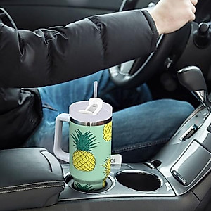 RPLIFE Bright Pineapple Print Light Green 40 Oz Tumbler with Handle, Stainless Steel Cups with Lid, Coffee Tumbler for Women