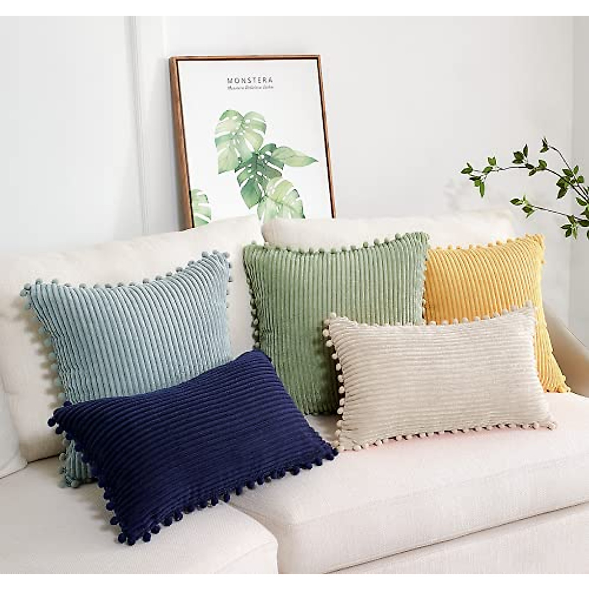 Pack of 2 LEISROUL Decorative Throw Pillow Covers with Cute Pompoms,Boho Accent Pillows for Bedroom and Living Room (Mint, 18" 18")