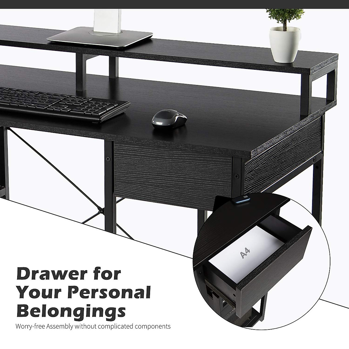 OUTFINE Desk Computer Desk Office Desk with Wodden Drawer, Monitor Stand and Storage Shelves