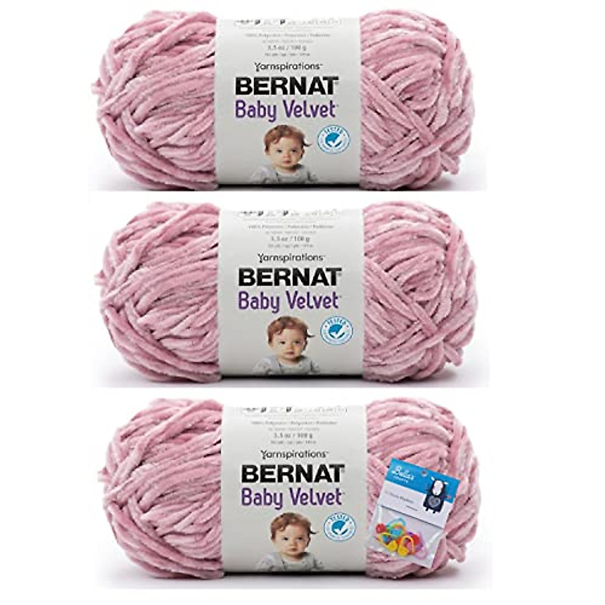 Bernat Baby Velvet Yarn - 3.5 Oz, Pink Mist - 3 Pack Bundle with Bella's Crafts Stitch Markers