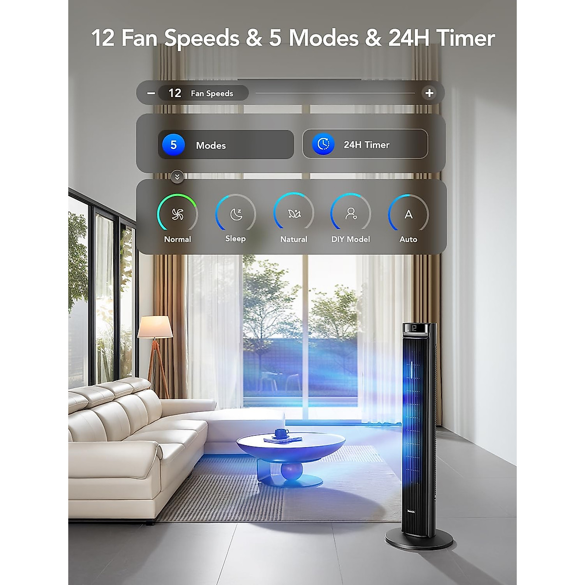 GoveeLife 42'' Tower Fan for Bedroom, Smart Floor Fans with 150° Adjustable Oscillating, APP & Voice Control, 5 Modes 12 Speeds up to 26ft/s, 24H Timer, 27dB Quiet Fan for Cooling Home Office Black