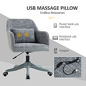 Vinsetto Office Chair, Lumbar Massage Desk Chair with Barrel Chair Armrests, USB Powered Massage, Mid-Back, 360 Swivel, Throw Pillow, Adjustable Height, Gray