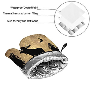 DONMYER Rustic Elk Moose Deer Forest Pine Tree Moon Design Oven Mitts and Pot Holders Sets of 4 Vintage Animal Heat Resistant Gloves Set Potholders for Kitchen Grilling Non-Slip, 7.2x11in+8x8in