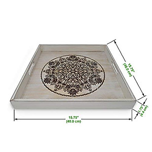Decorative Wooden Serving Tray with Engraved Art, Ottoman Breakfast Tray for Carrying Drinks Letters Mail, 15.75 x 15.75 in (40 x 40 cm) Display Piece, Rustic Antique Distressed Look