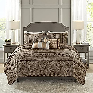 Madison Park Quilt Traditional Damask Design All Season, Lightweight Coverlet Bedspread Bedding Set, Matching Shams, Pillows, King/Cal King(104"x94"), Bellagio, Jacquard Brown/Gold 6 Piece (MP13-369)