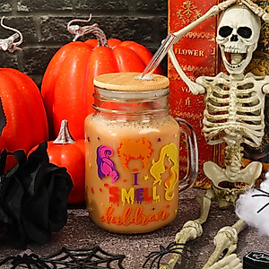 Whaline Halloween Mason Jar Mug with Handle 18oz Hocus Pocus Mason Jar Drinking Glasses Halloween Witch Ice Coffee Cups Glass Mugs Tumbler with Lid and Straw for Iced Coffee Tea Soda Cocktail Gifts