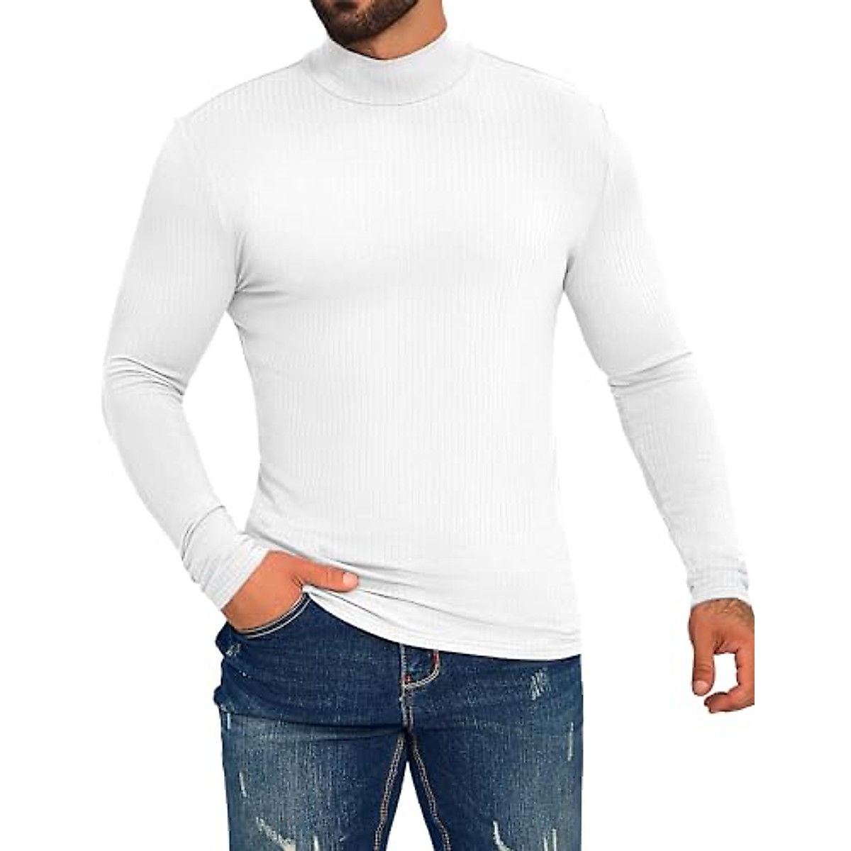 ZAFUL Mens Long Sleeve Mock Turtleneck T-Shirts Casual Thermal Pullover Top Slim Fit Stretch Basic Undershirt White M
