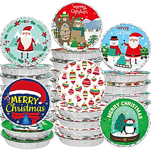 WorldBazaar Christmas Aluminum Food Containers with Lids 36PCS Christmas Disposable Lefover Containers Round Holiday Foil Tins Food Storage Pan Christmas Party Supplies