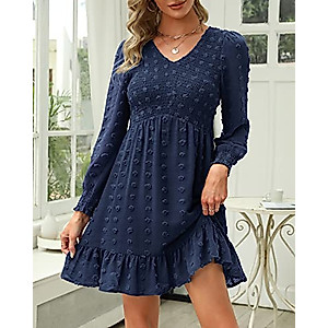 Maggeer Spring Summer Long Sleeve Dress for Women 2024 A Line Swiss Dot Cowgirl Ladies Church Smocked Mini Babydoll Causal Dresses Navy L