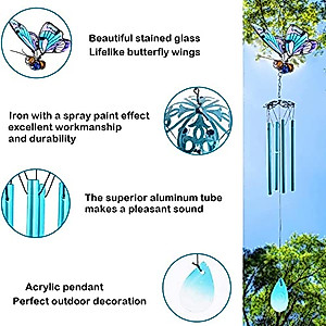 Butterfly Wind Chimes, AVEKI 27.5''H Iron Stained Glass Butterfly Wind Chimes Gifts for Mom Outdoor/Indoor Wind Chimes for Home, Garden, Window, Yard, Patio, Lawn Decoration (Blue)