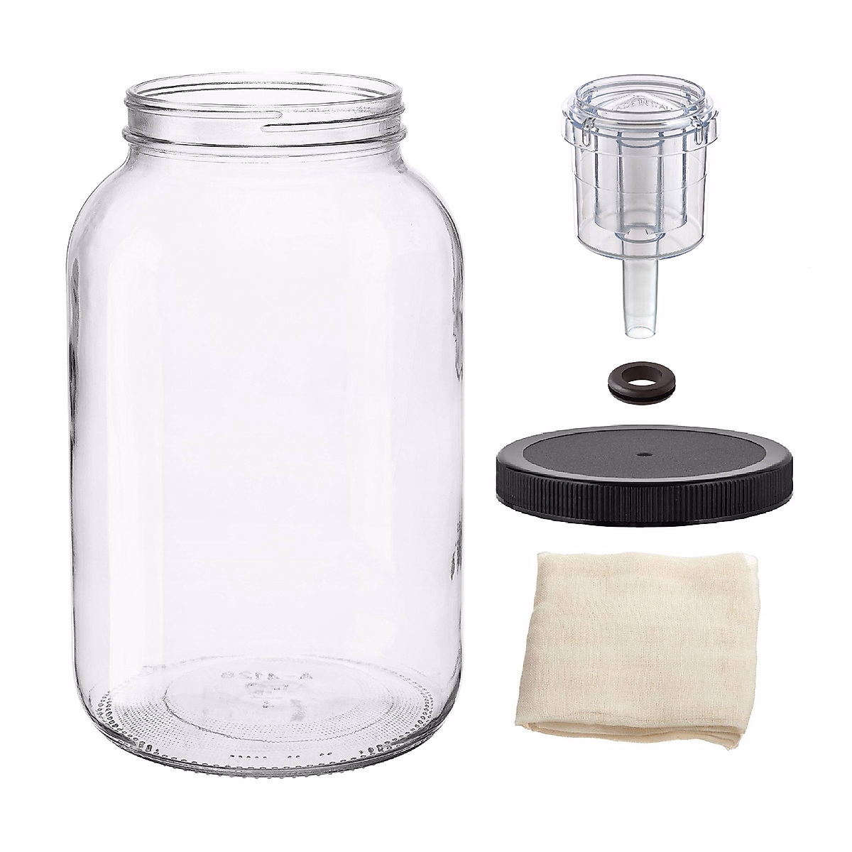 North Mountain Supply 1 Gallon Glass Wide Mouth Jar With Drilled Black Plastic Lid, 2-Piece Airlock, & Cheesecloth - USDA Approved, BPA-Free, Dishwasher Safe For Fermenting