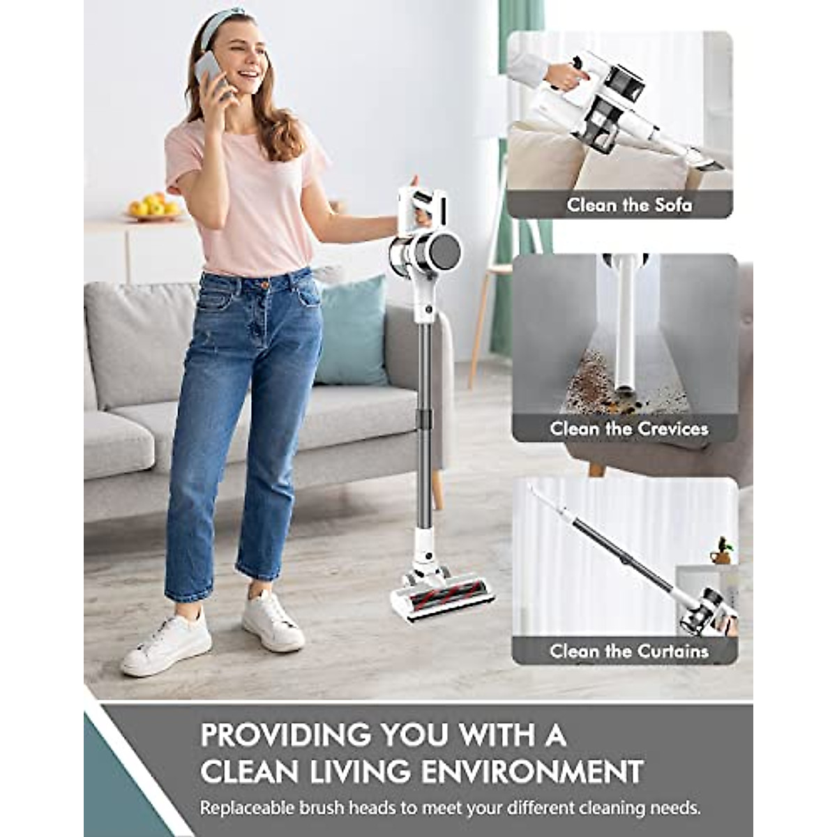 Fykee Cordless Vacuum Cleaner, 4 in 1 Lightweight Cordless Stick Vacuum with 80,000RPM Upgraded Brushless Motor, Vacumm Cleaner with Detachable Battery for Hard Floor Carpet Pet Hair Car