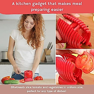 Tomato Slicer Holder with Ergonomic Grip and Dividers Vegetable Cutter for Precise Cuts Firm Tomatoes Lemons Potatoes Round Fruits Kitchen Cutting Aid Gadgets Tool