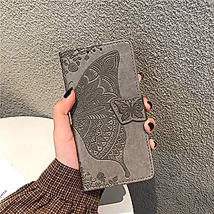 COTDINFORCA Case for Redmi Note 9 Pro, Redmi Note 9S Case Flip Card Cash Leather Wallet Case Embossed Butterfly PU Shockproof Case Cover for Xiaomi Redmi Note 9 Pro Max SD Flower Butterfly Gray