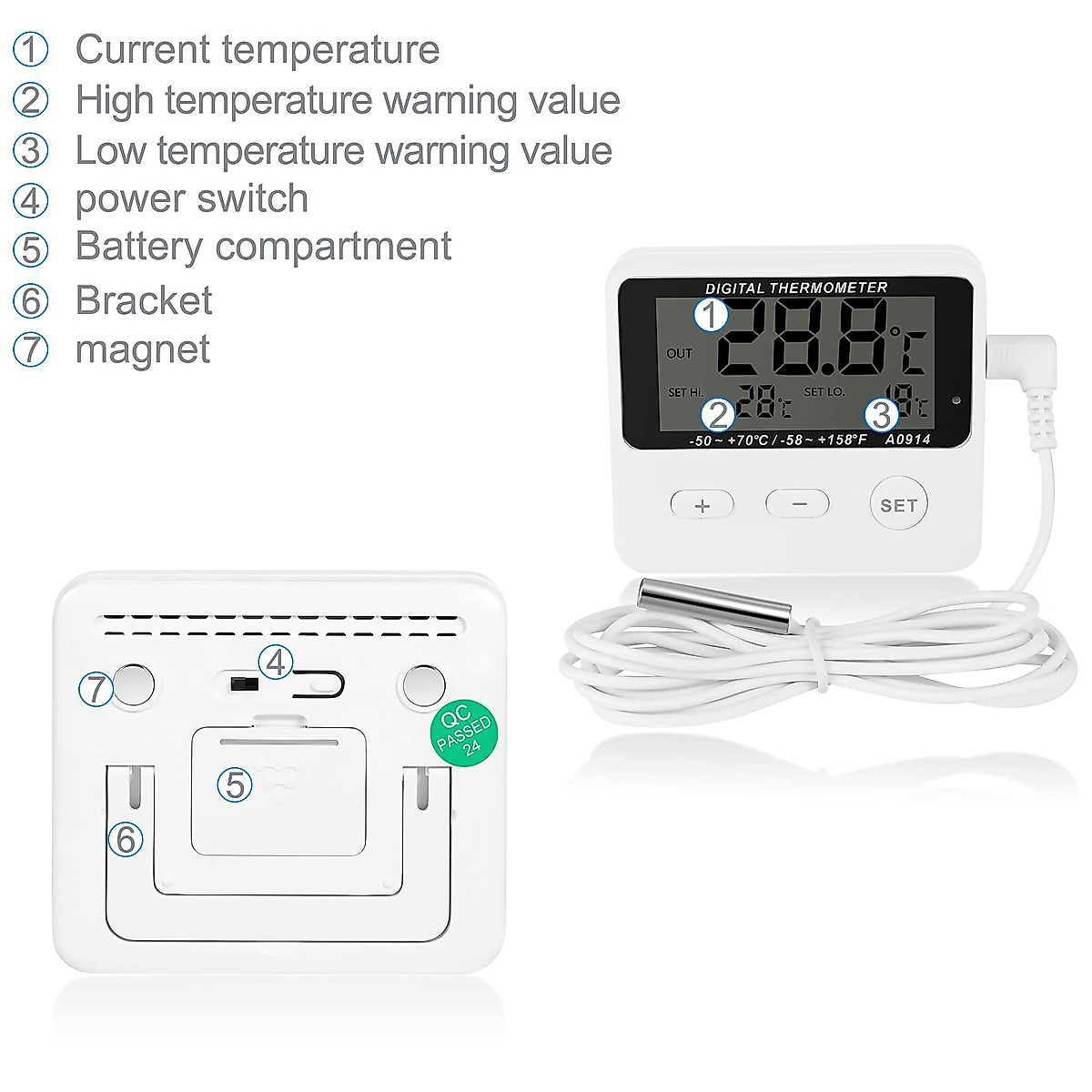 Refrigerator Thermometer,Freezer Thermometer,high and Low Temperature Alarm,Extra Sensor